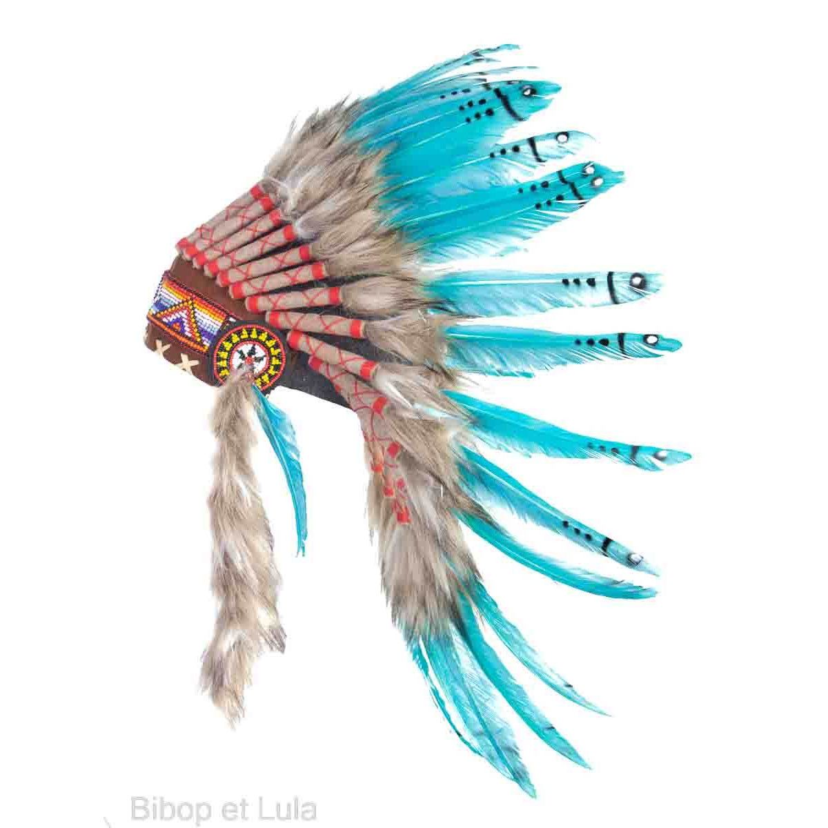 Coiffe indienne turquoise avec de vraies plumes